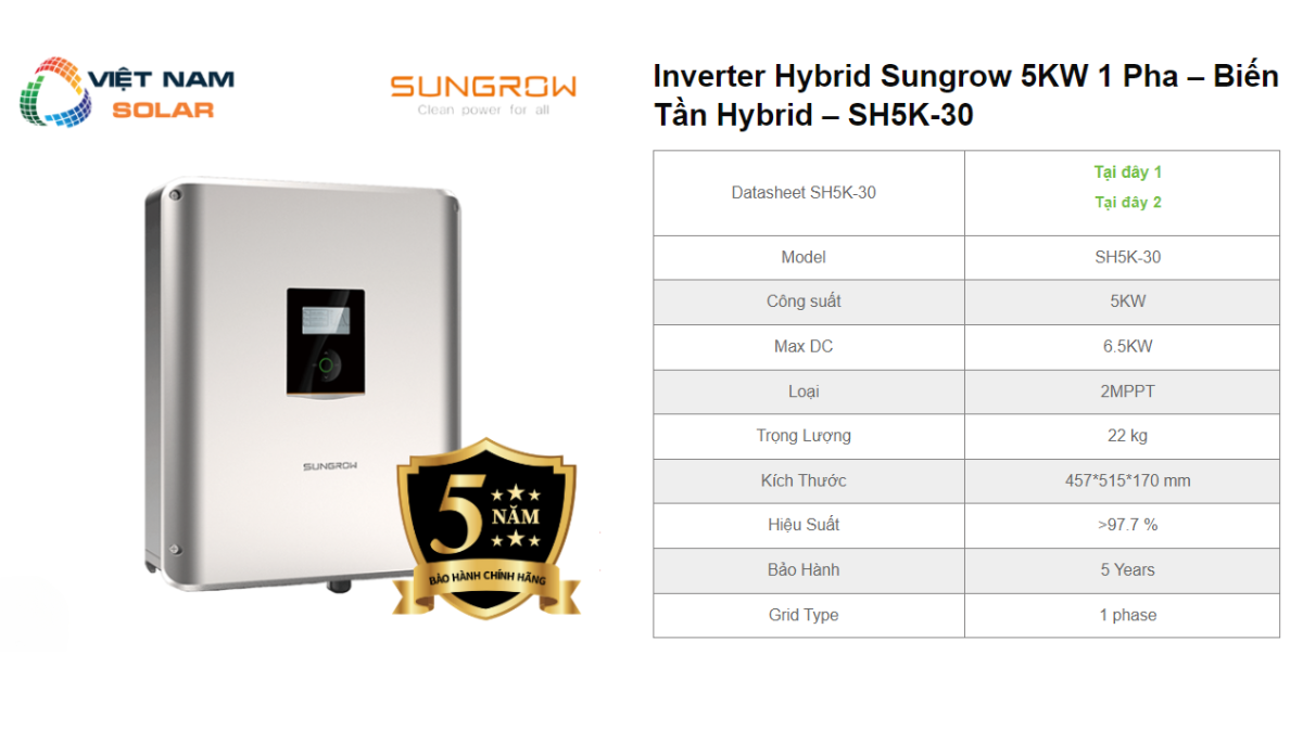 [Giá Sỉ] Inverter Hybrid Sungrow 5KW 1 Pha - Biến Tần Hybrid - SH5K-30
