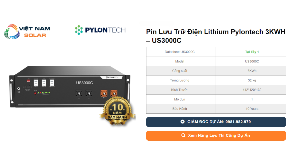 Pin Lưu Trữ Điện Lithium Pylontech 3KWH - US3000C - Việt Nam Solar