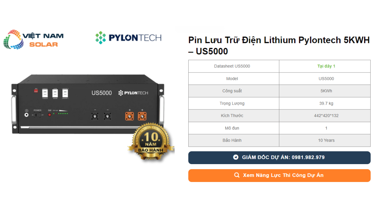 Pin Lưu Trữ Điện Lithium Pylontech 5KWH - US5000 - Việt Nam Solar