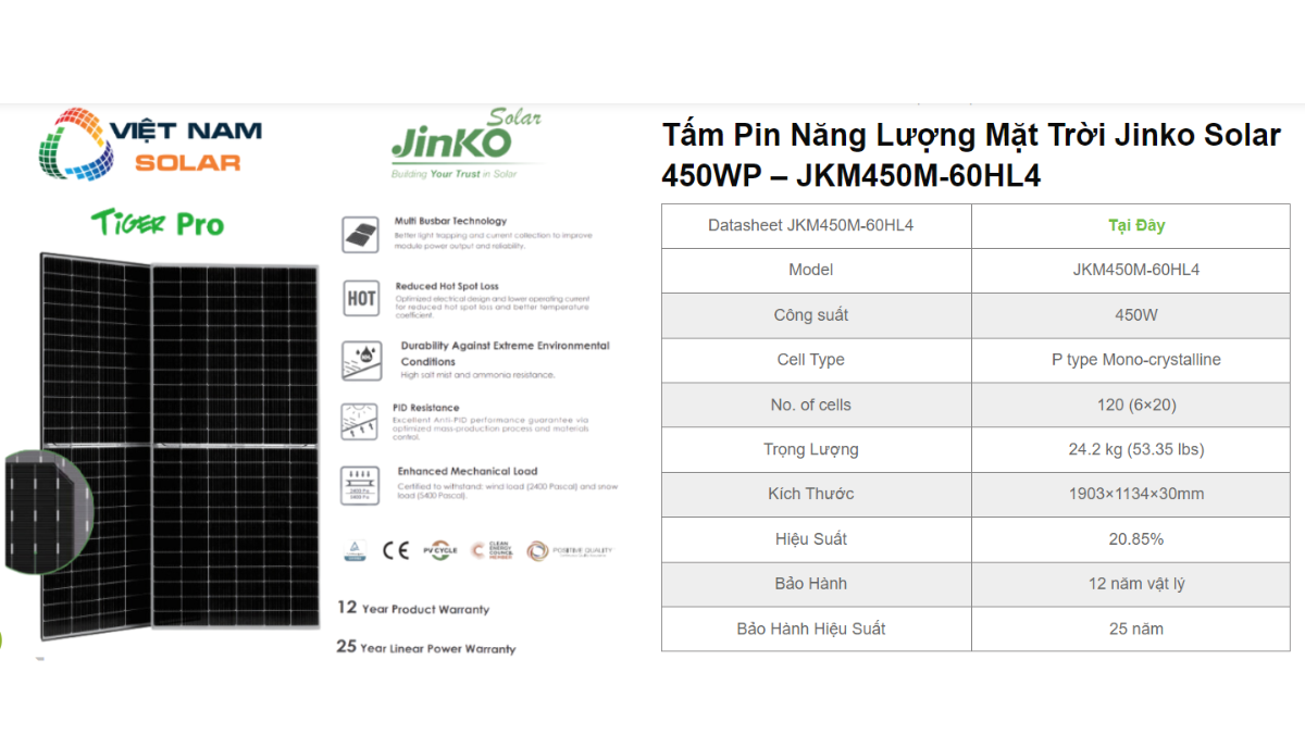 Tấm Pin NLMT Jinko Solar 450WP 1 Mặt Kính [Giá Sỉ]