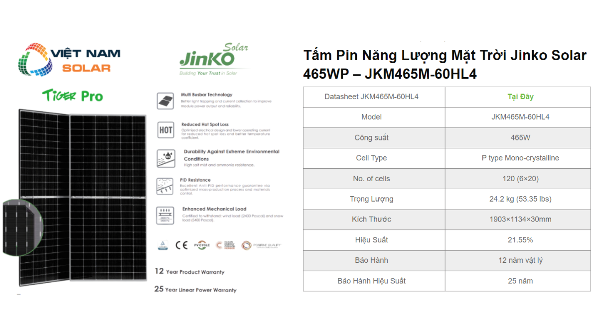[Giá Sỉ] Tấm Pin Năng Lượng Mặt Trời Jinko Solar 465WP - JKM465M-60HL4