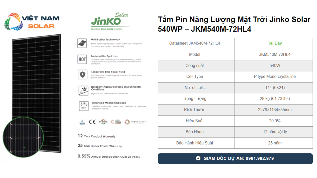 [Giá Sỉ] Tấm Pin Năng Lượng Mặt Trời Jinko Solar 540WP - JKM540M-72HL4