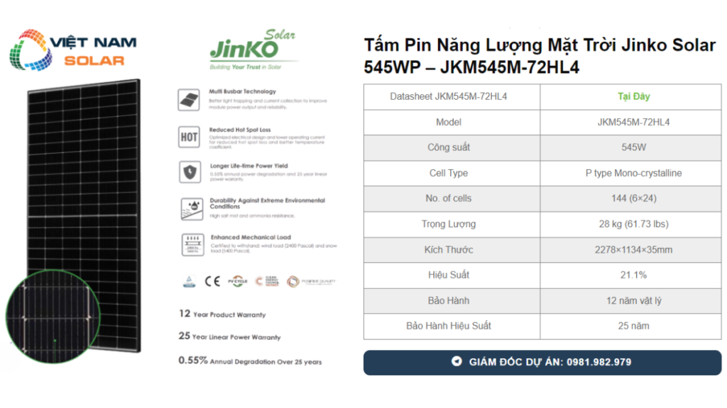 Tấm Pin NLMT Jinko Solar 545WP – 1 Mặt Kính [Giá Sỉ]