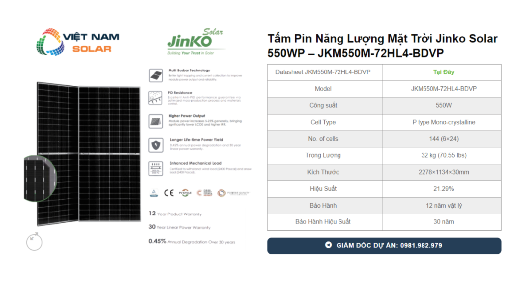 [Giá Sỉ] Tấm Pin Năng Lượng Mặt Trời Jinko Solar 550WP - JKM550M-72HL4-BDVP