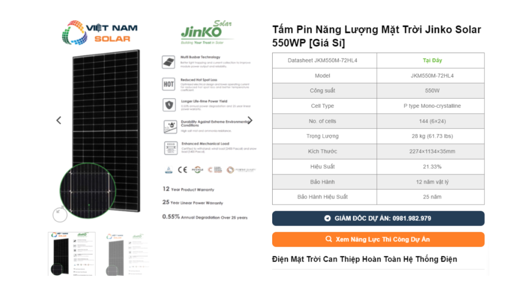 Tấm Pin NLMT Jinko Solar 550WP – 1 Mặt Kính [Giá Sỉ]
