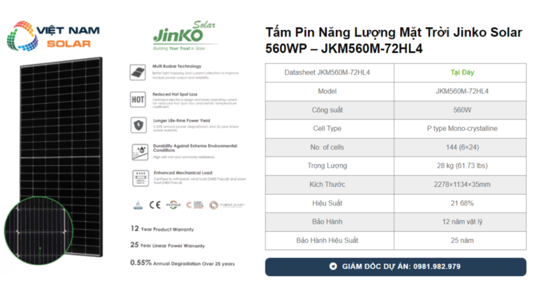[Giá Sỉ] Tấm Pin Năng Lượng Mặt Trời Jinko Solar 560WP - JKM560M-72HL4