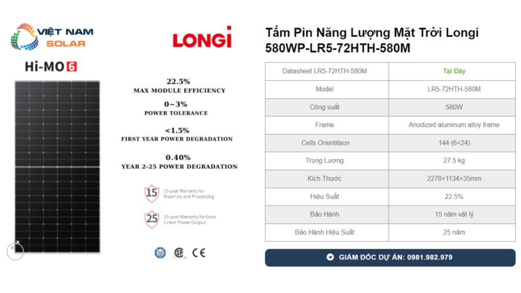 Tấm Pin NLMT Longi Solar 580WP 1 Mặt Kính [Giá Sỉ]