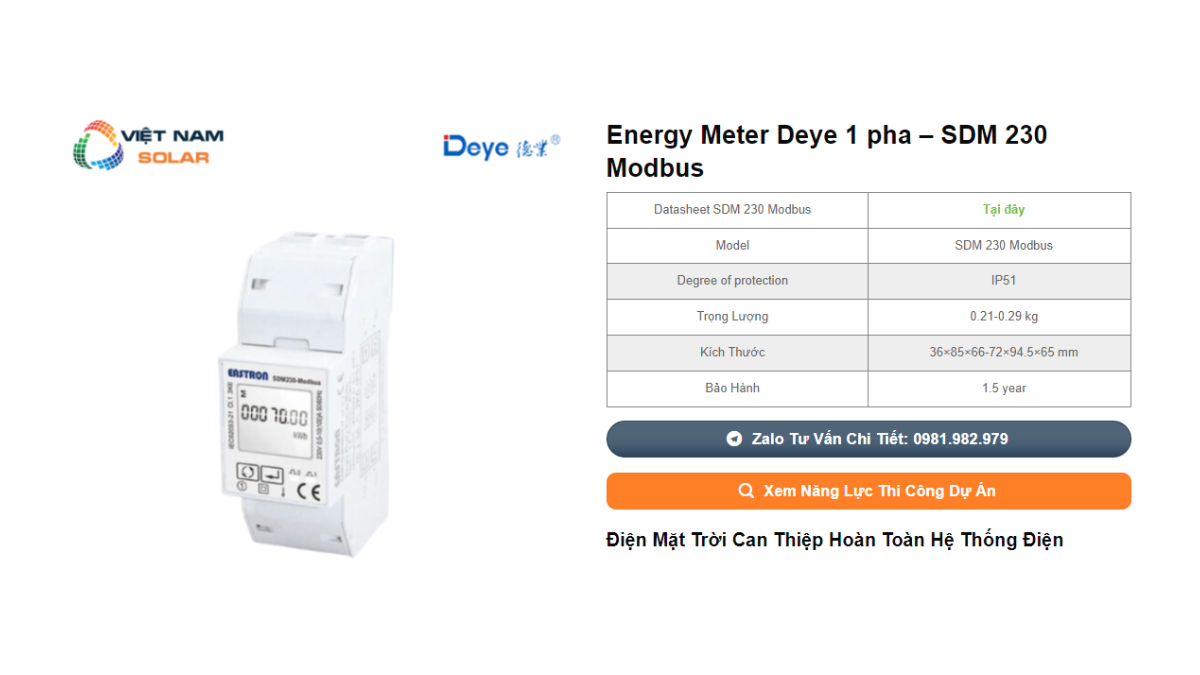 Energy Meter Deye 1 pha - SDM 230 Modbus - Việt Nam Solar