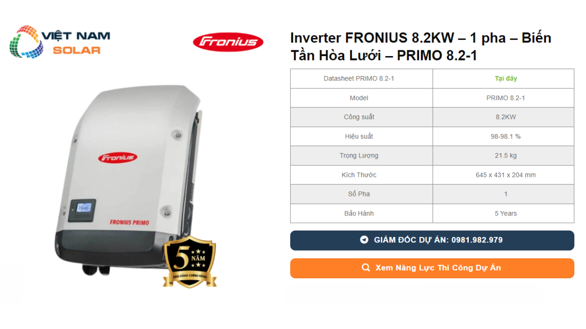 Inverter Hòa Lưới FRONIUS 8.2KW 1 pha [Giá Sỉ]