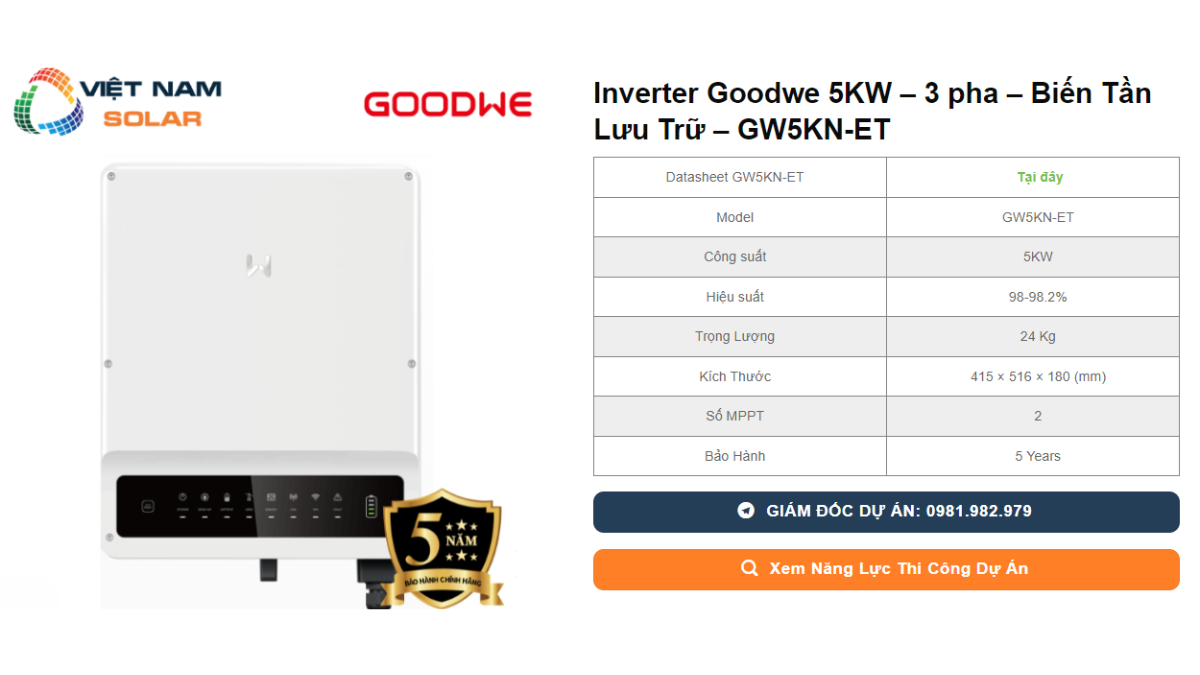 Inverter Goodwe 5KW – 3 pha – Biến Tần Lưu Trữ – GW5KN-ET - Việt Nam Solar