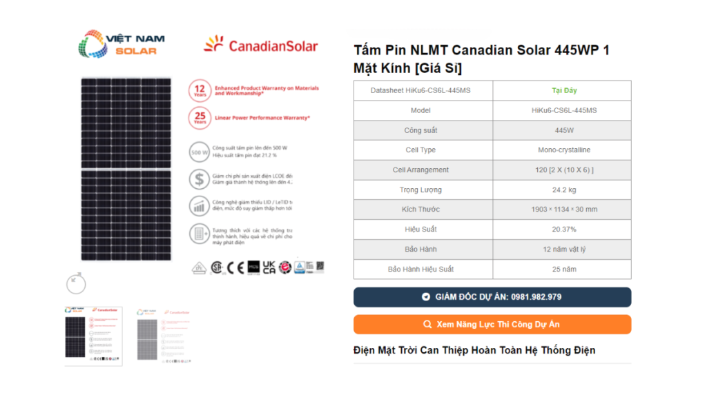 Tấm Pin NLMT Canadian Solar 445WP 1 Mặt Kính [Giá Sỉ]