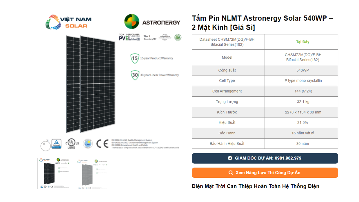 Tấm Pin NLMT Astronergy Solar 540WP - 2 Mặt Kính [Giá Sỉ]