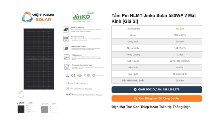 Tấm Pin NLMT Jinko Solar 580WP 2 Mặt Kính [Giá Sỉ]