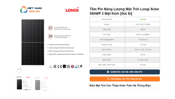 Tấm Pin NLMT Longi Solar 580WP – 2 Mặt Kính [Giá Sỉ]