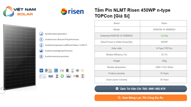 Tấm Pin NLMT Risen 450WP N-type TOPCon [Giá Sỉ] - Việt Nam Solar