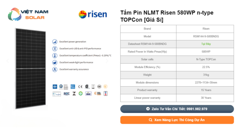 Tấm Pin NLMT Risen 580WP n-type TOPCon [Giá Sỉ] - Việt Nam Solar
