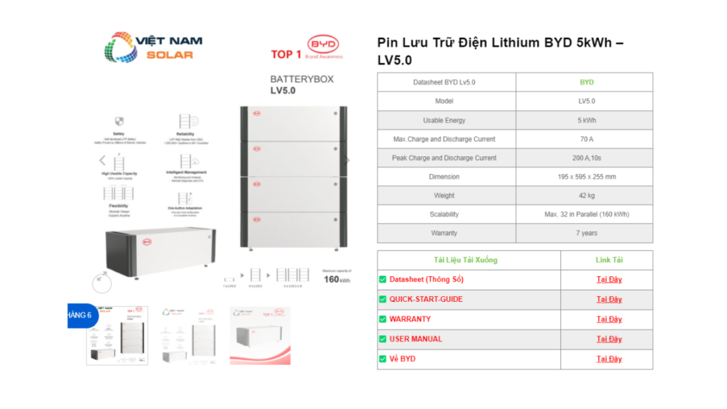 Pin Lưu Trữ Điện Lithium BYD 5kWh - LV5.0 - Việt Nam Solar
