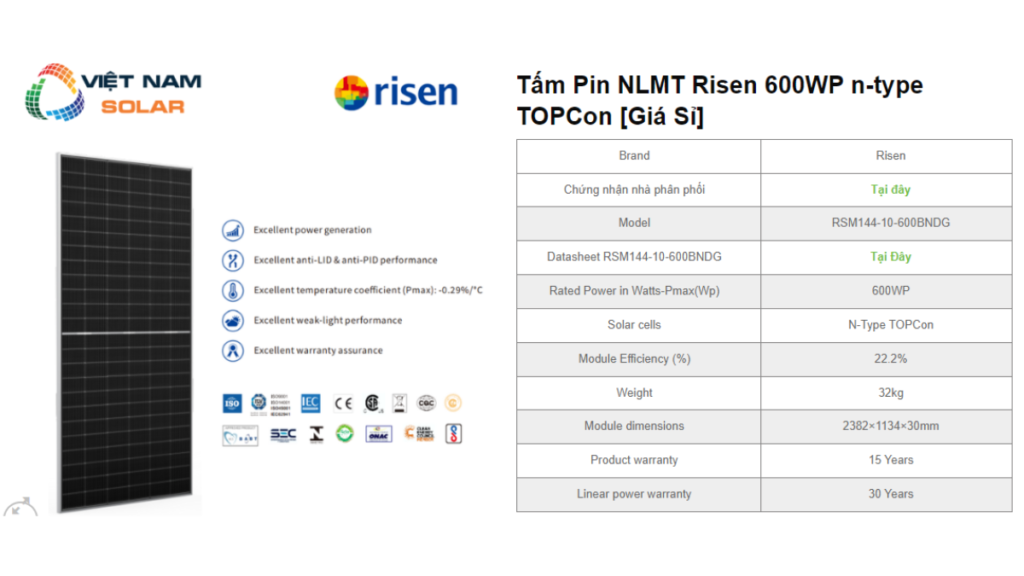 Tấm Pin NLMT Risen 600WP N-type TOPCon [Giá Sỉ] - Việt Nam Solar