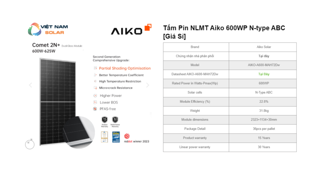 Tấm Pin NLMT Aiko 600WP N-type ABC [Giá Sỉ] - Việt Nam Solar