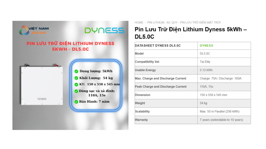 Pin Lưu Trữ Điện Lithium Dyness 5kWh - DL5.0C - Việt Nam Solar